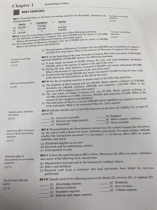 Solved (LO) Chapter 1 Accounting in Action BRIEF EXERCISES | Chegg.com