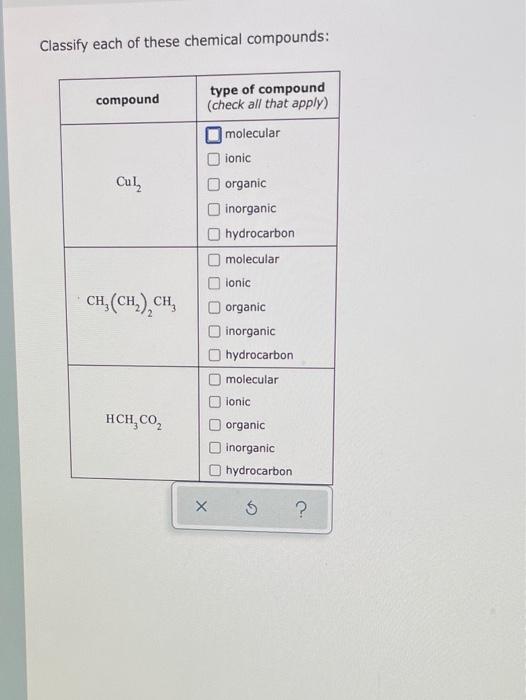 Solved Classify each of these chemical compounds: compound | Chegg.com