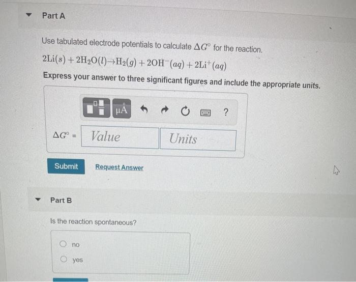 Solved Part A Use tabulated electrode potentials to | Chegg.com