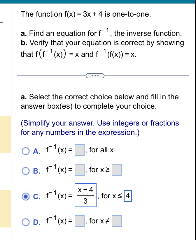Solved The Function F X 3x 4 ﻿is One To One A ﻿find An