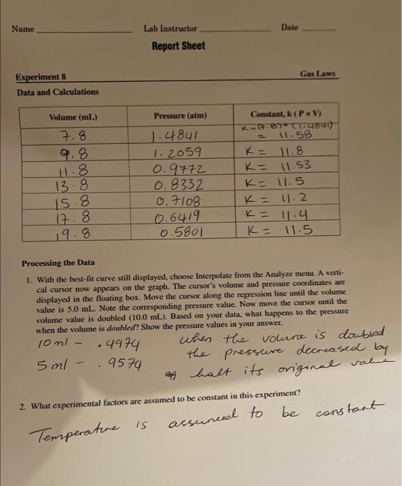 Solved Name Lab Instructor Date Report Sheet Experiment 8 | Chegg.com