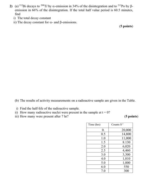Solved 2) (a) 212Bi decays to 208TI by a-emission in 34% of | Chegg.com