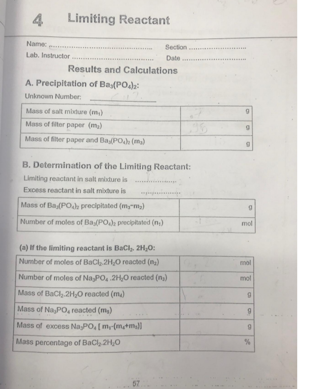 Solved Limiting Reactant Name: Section Lab. Instructor Date | Chegg.com