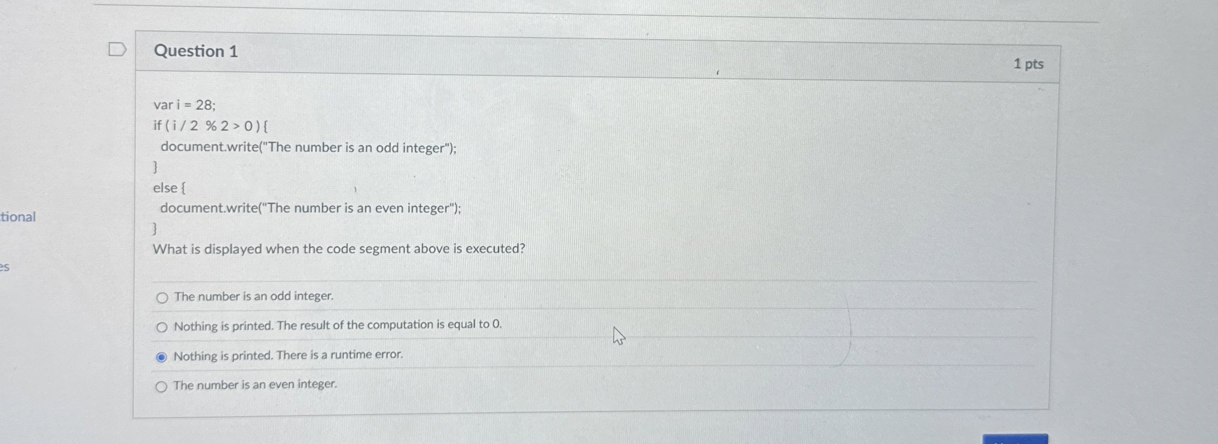 Solved Question 11 ﻿ptsvari=28;if document.write("The number | Chegg.com