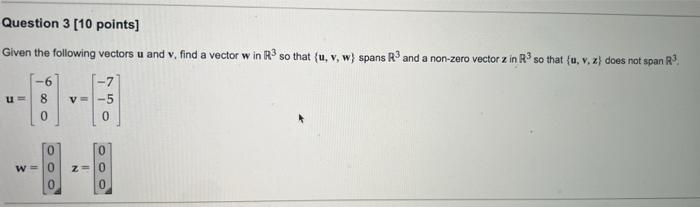Solved Given the following vectors u and v, find a vector w | Chegg.com