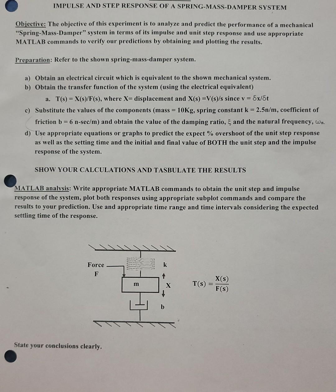 Solved IMPULSE AND STEP RESPONSE OF A SPRING-MASS-DAMPER | Chegg.com