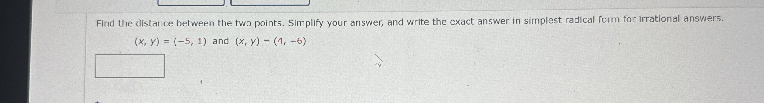 Solved Find the distance between the two points. Simplify | Chegg.com