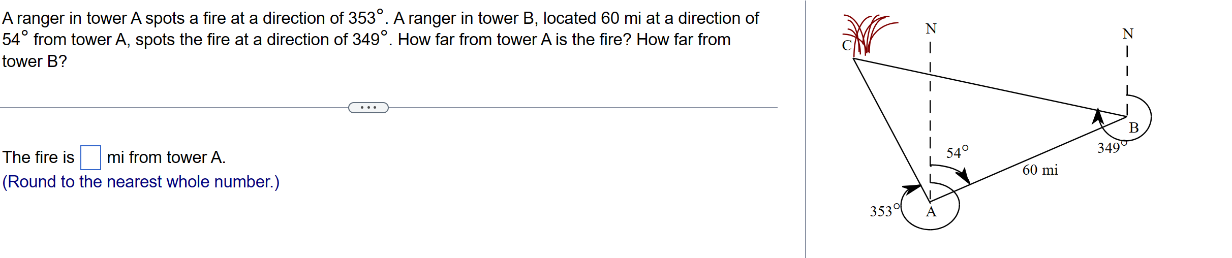Solved A ranger in tower A spots a fire at a direction of | Chegg.com