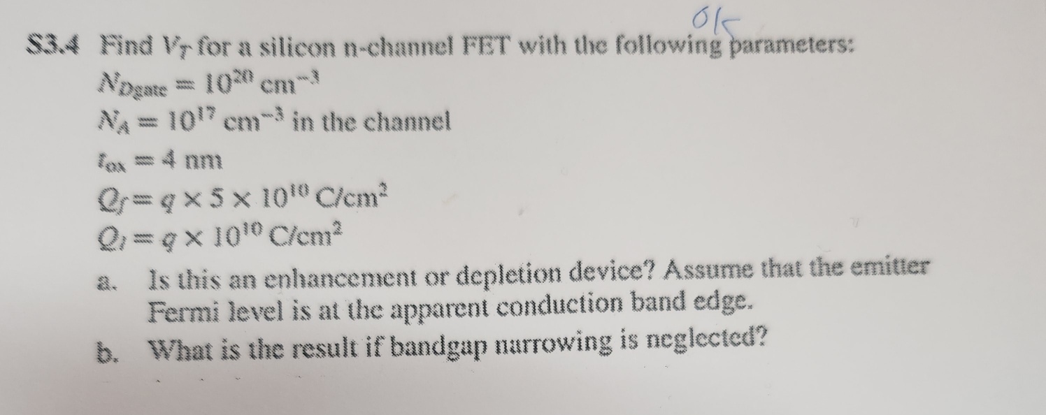 Solved S3.4 ﻿Find VT ﻿for a silicon n-channel FET with the | Chegg.com