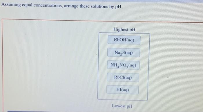 Solved Assuming equal concentrations, arrange these | Chegg.com