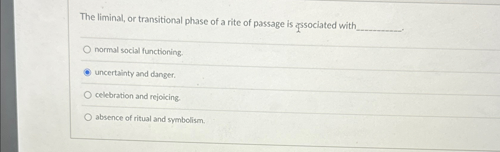 Solved The liminal, ﻿or transitional phase of a rite of | Chegg.com