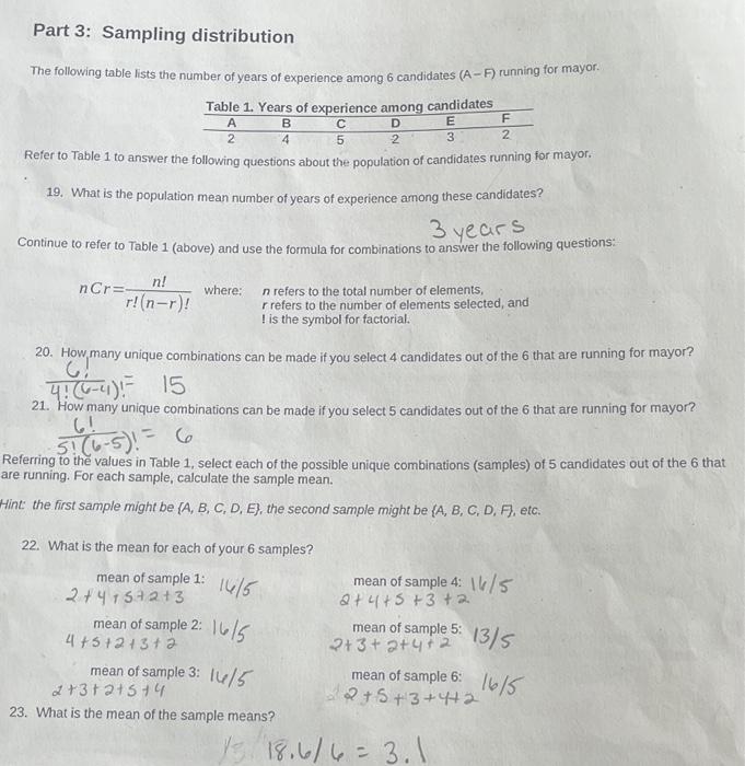 Solved Part 3: Sampling distribution The following table | Chegg.com