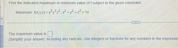 Solved Find the minimum value of f(x,y,z)=x2+y2+z2 subject | Chegg.com