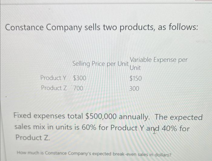 Solved Constance Company sells two products, as follows: | Chegg.com