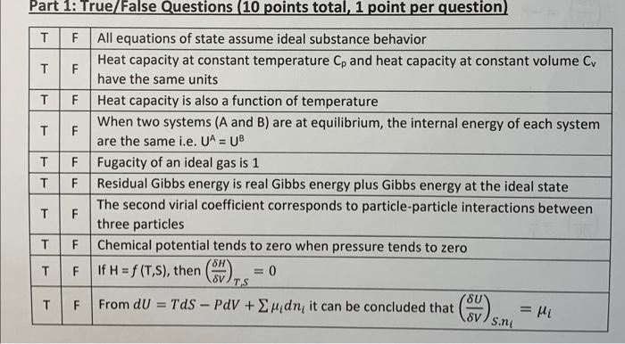 Solved Part 1: True/False Questions ( 10 points total, 1 | Chegg.com