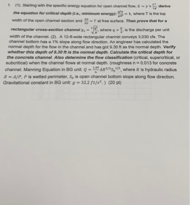 Solved 1. (1) Starting with the specific energy equation for | Chegg.com