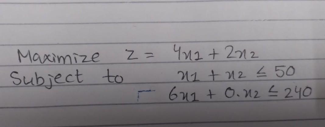 Solved Maximize z=4x1+2x2 Subject to x1+x2≤50Γ6x1+0x2≤240 | Chegg.com