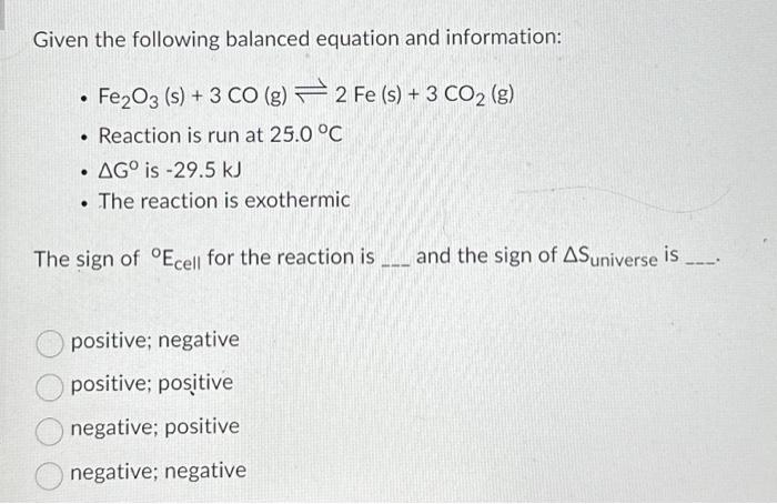 Solved Given The Following Balanced Equation And