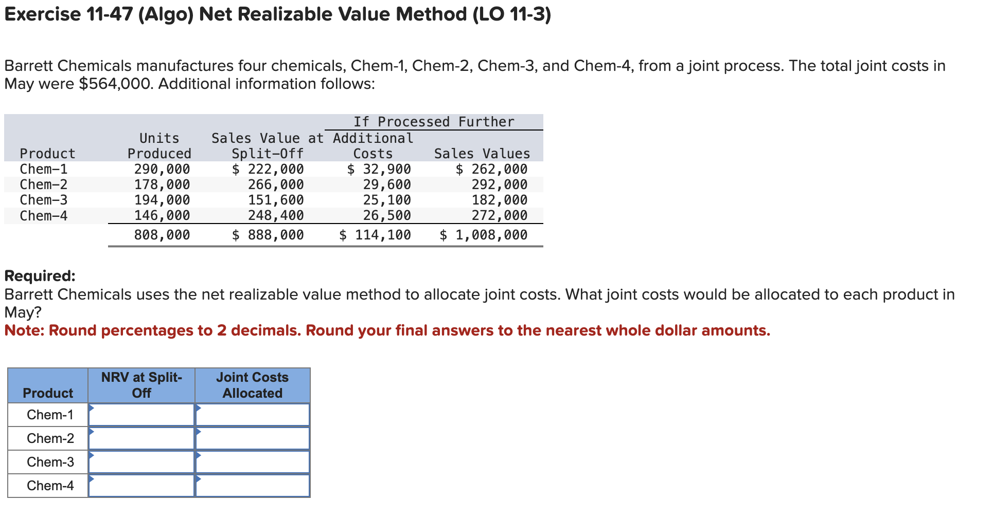 Solved Exercise 11-47 (Algo) ﻿Net Realizable Value Method | Chegg.com