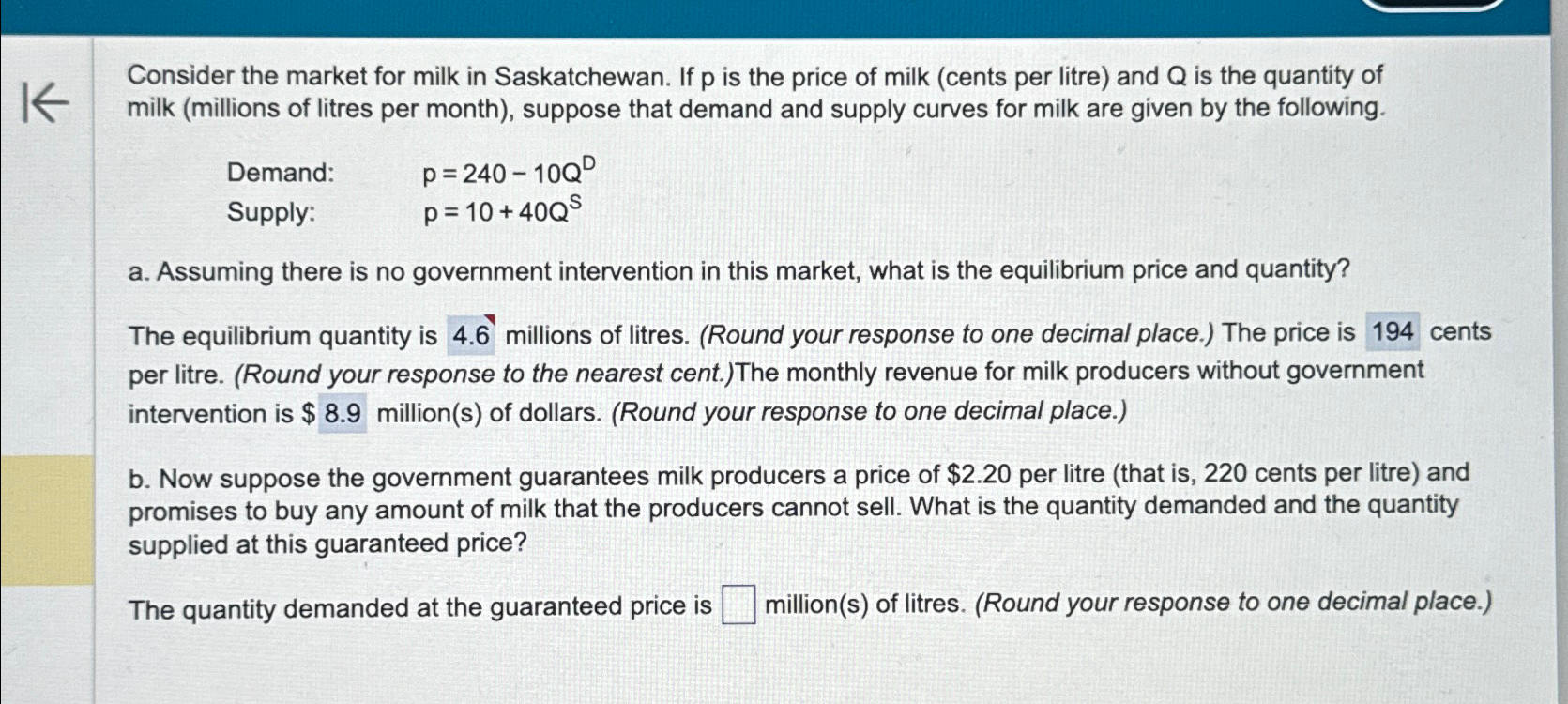 Solved Consider the market for milk in Saskatchewan. If p | Chegg.com