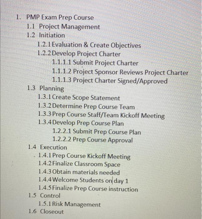 Solved 1. PMP Exam Prep Course 1.1 Project Management 1.2 | Chegg.com