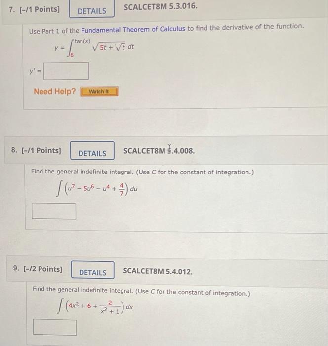 Solved 7. [-/1 Points] DETAILS SCALCET8M 5.3.016. Use Part 1 | Chegg.com