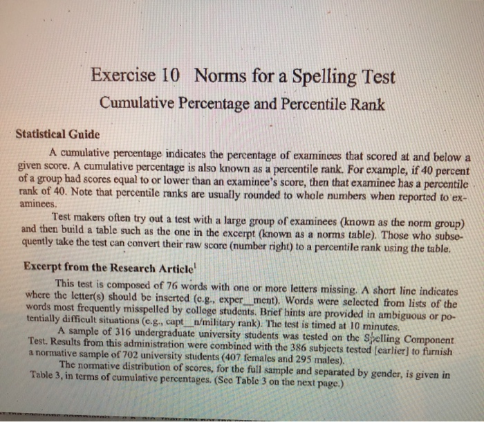 Exercise 10 Norms for a Spelling Test Cumulative | Chegg.com
