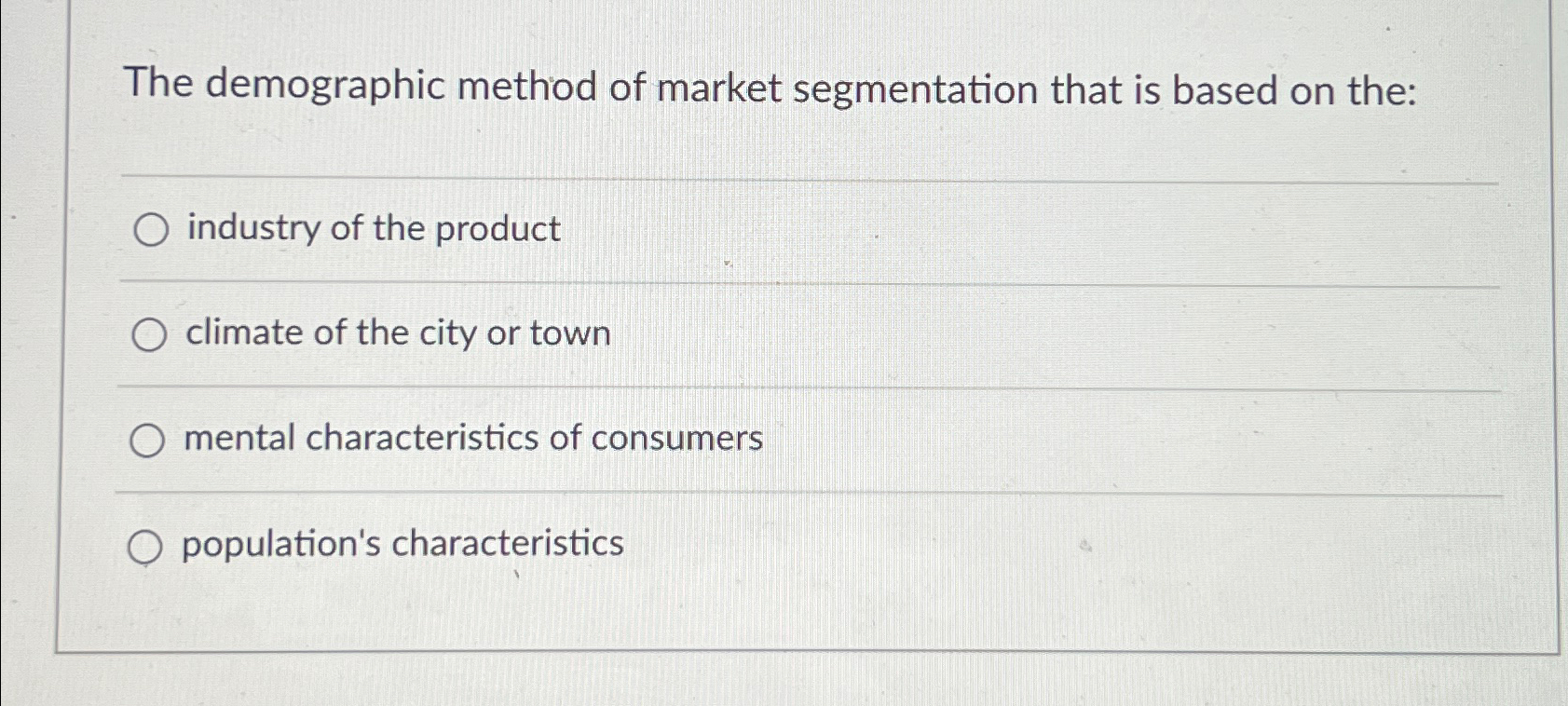 Solved The demographic method of market segmentation that is | Chegg.com