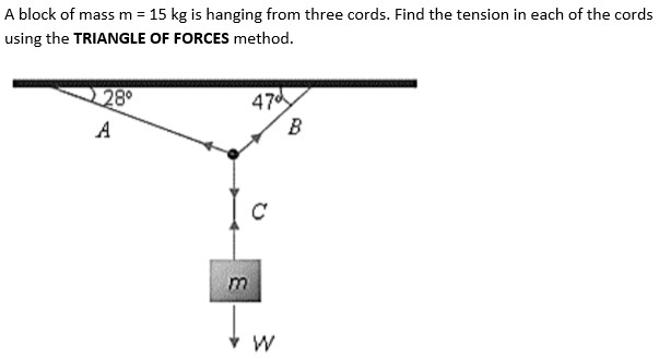 Solved A block of mass m = 15 kg is hanging from three | Chegg.com
