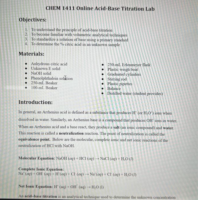 Solved CHEM 1411 Online Acid-Base Titration Lab Objectives: | Chegg.com