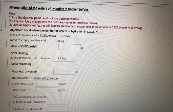 Solved Mass H20 driven off g Determination of Water of | Chegg.com