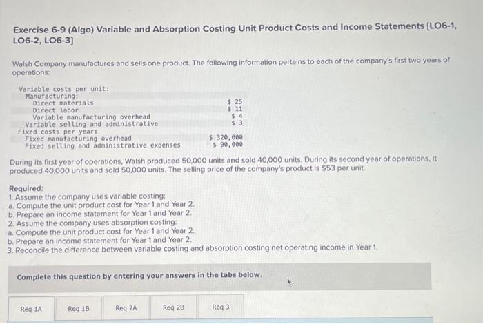 Solved Exercise 6-9 (Algo) Variable and Absorption Costing | Chegg.com