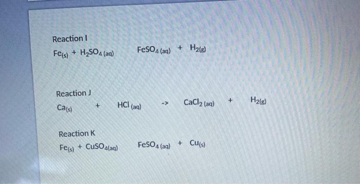 Solved Reaction I Fe(s)+H2SO4 (aq) FeSO4( aq )+H2(g) | Chegg.com