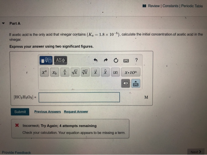 Solved Review Constants Periodic Table Part A If acetic acid | Chegg.com