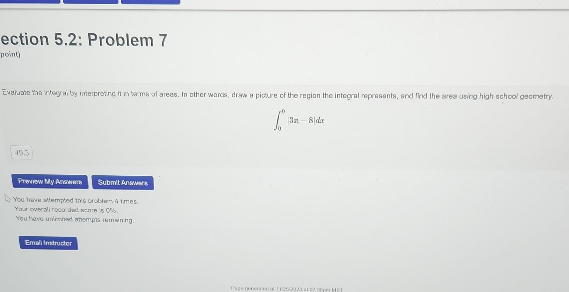 Solved ∫09∣3x−8∣dx You have attempted this problem 4 times. | Chegg.com