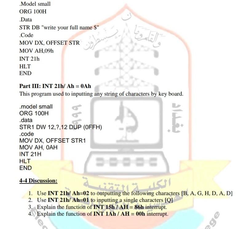 Solved Discussion: 1. Use INT 21h/ Ah=02 to outputting the | Chegg.com