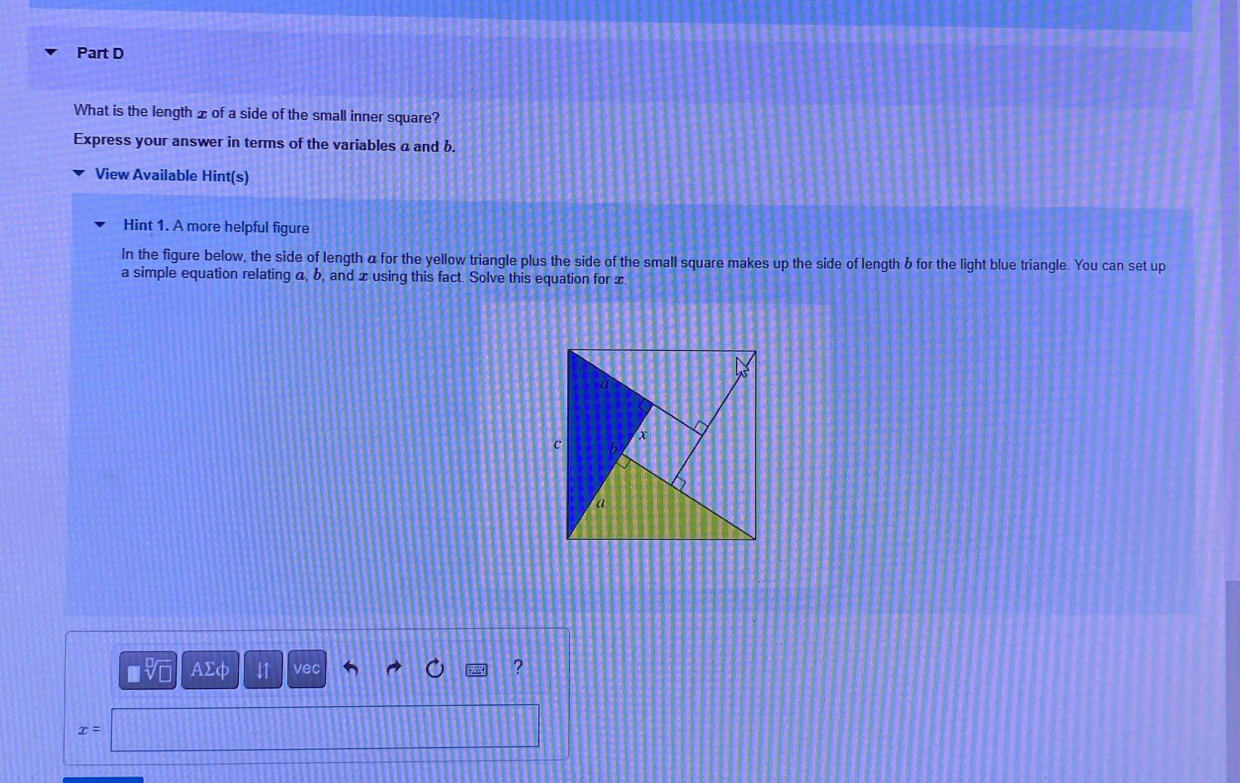 Solved Part D\\nWhat is the length x of a side of the small | Chegg.com