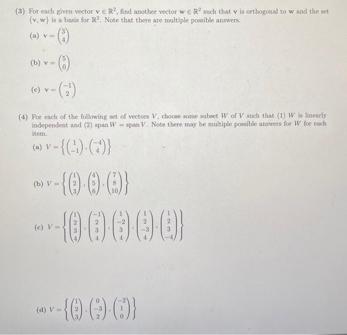 Solved 3 For Each Given Vector V∈r2 Find Another Vector 7787