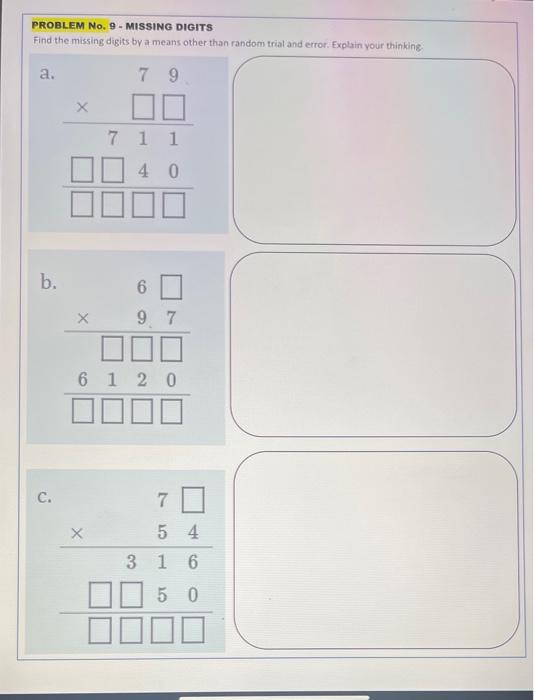 Solved PROBLEM No. 9 - MISSING DIGITS Find the missing | Chegg.com