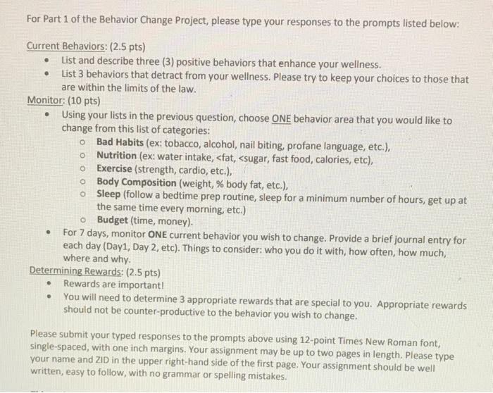 Solved For Part 1 of the Behavior Change Project, please | Chegg.com
