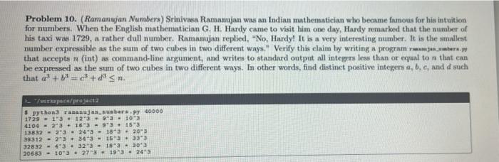 Solved Problem 10. (Ramanujan Numbers) Srinivasa Ramanujan | Chegg.com