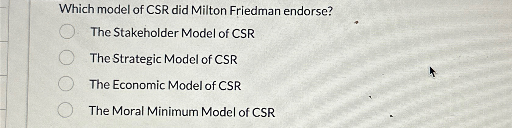 Solved Which model of CSR did Milton Friedman endorse?The | Chegg.com