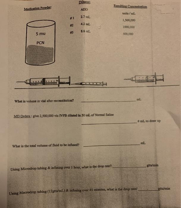 Solved Diluent: Resulting Concentration Medication Powder: | Chegg.com