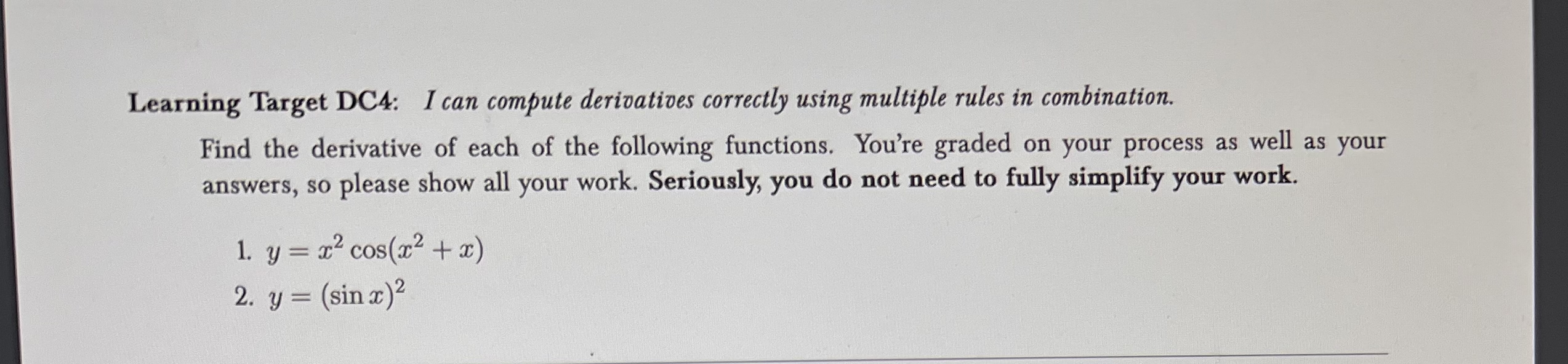 Solved Learning Target DC4: I can compute derivatives | Chegg.com