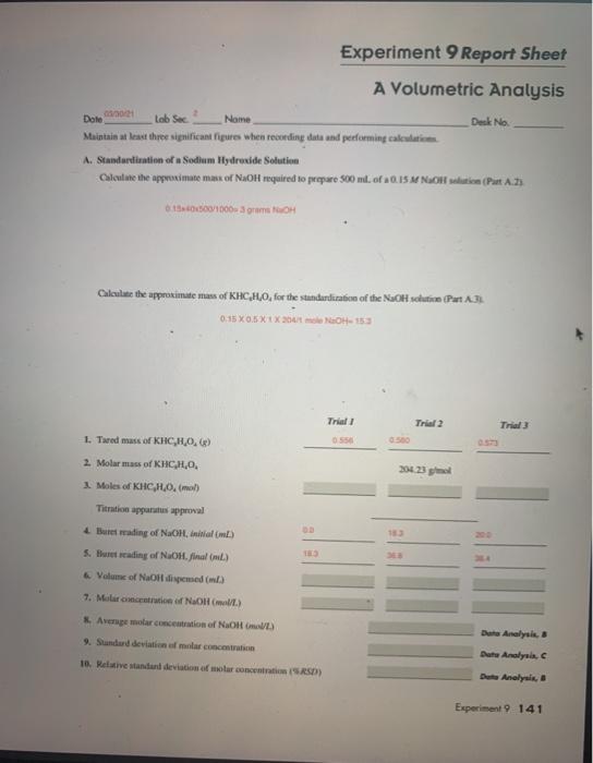 Solved Dore Experiment 9 Report Sheet A Volumetric Analysis | Chegg.com