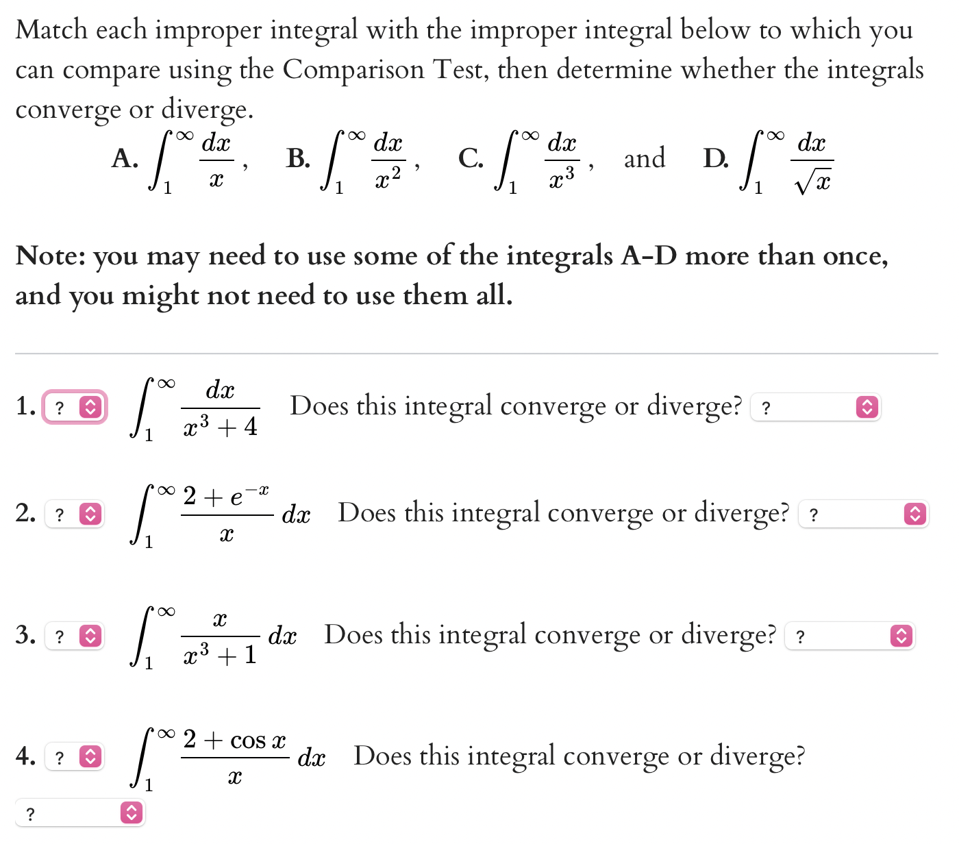 Solved Match each improper integral with the improper | Chegg.com