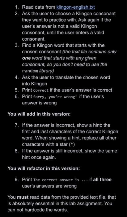 Solved 1. Read data from klingon-english.txt 2. Ask the user | Chegg.com