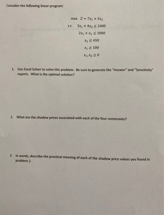Solved Consider the following linear program: max 2 = 7x2 + | Chegg.com