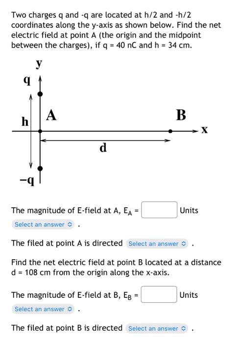 Solved Two charges q and −q are located at h/2 and −h/2 | Chegg.com