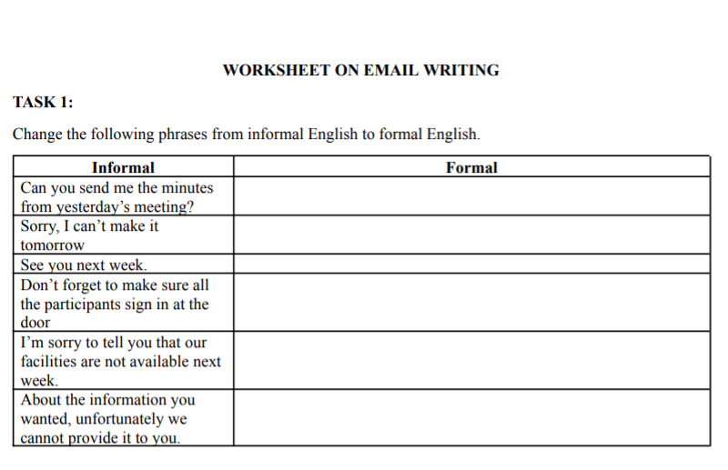 WORKSHEET ON EMAIL WRITINGTASK 1:Change the following | Chegg.com